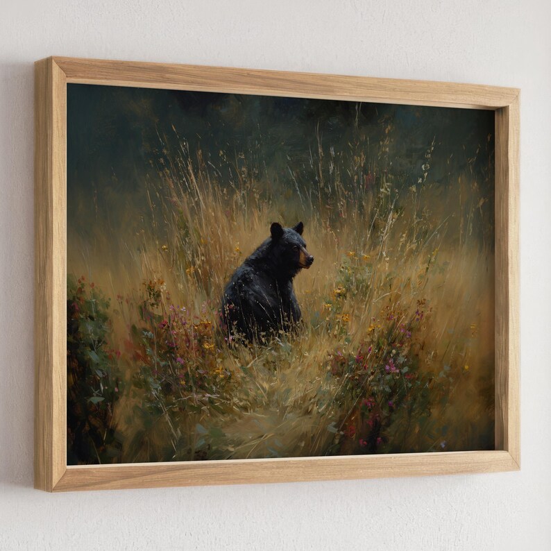 Black Bear Wall Art Print, Wildlife Meadow Painting, Rustic Cabin ...
