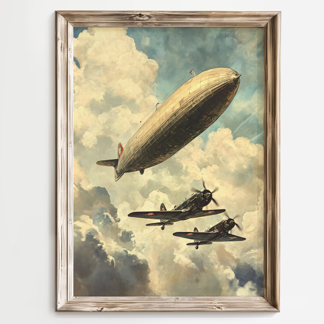 Vintage Airship and Fighter Planes Matte Art Print, Retro Aviation Wall ...