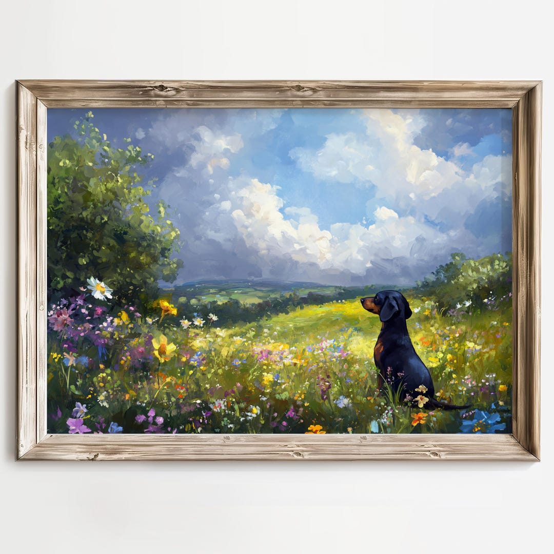 Dachshund in Wildflower Meadow Art Print, Dog Landscape Wall Art ...