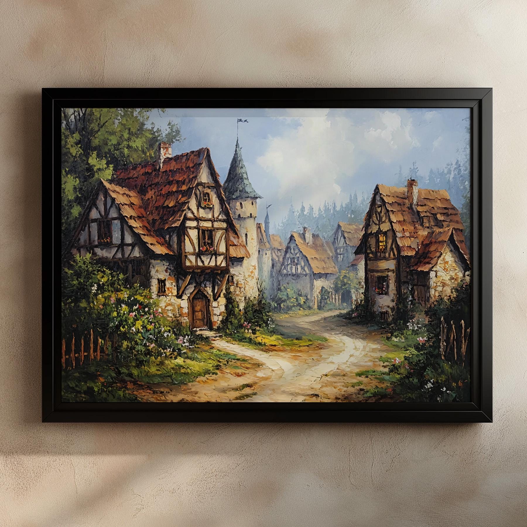 Medieval Village Painting, Countryside Art, Rustic Village Painting ...