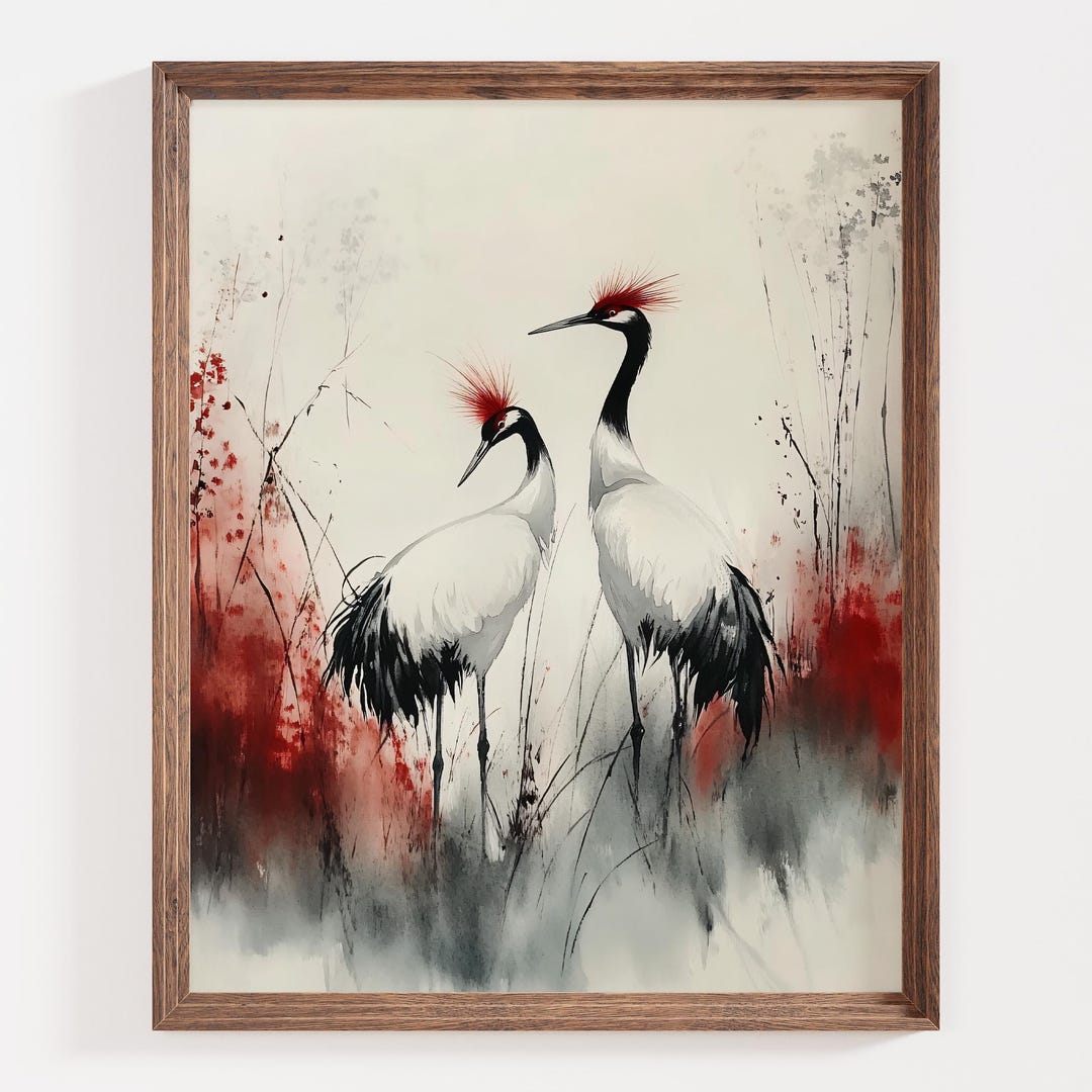 Minimalist Crane Decor, Watercolor Crane Painting, Red Crowned Crane ...