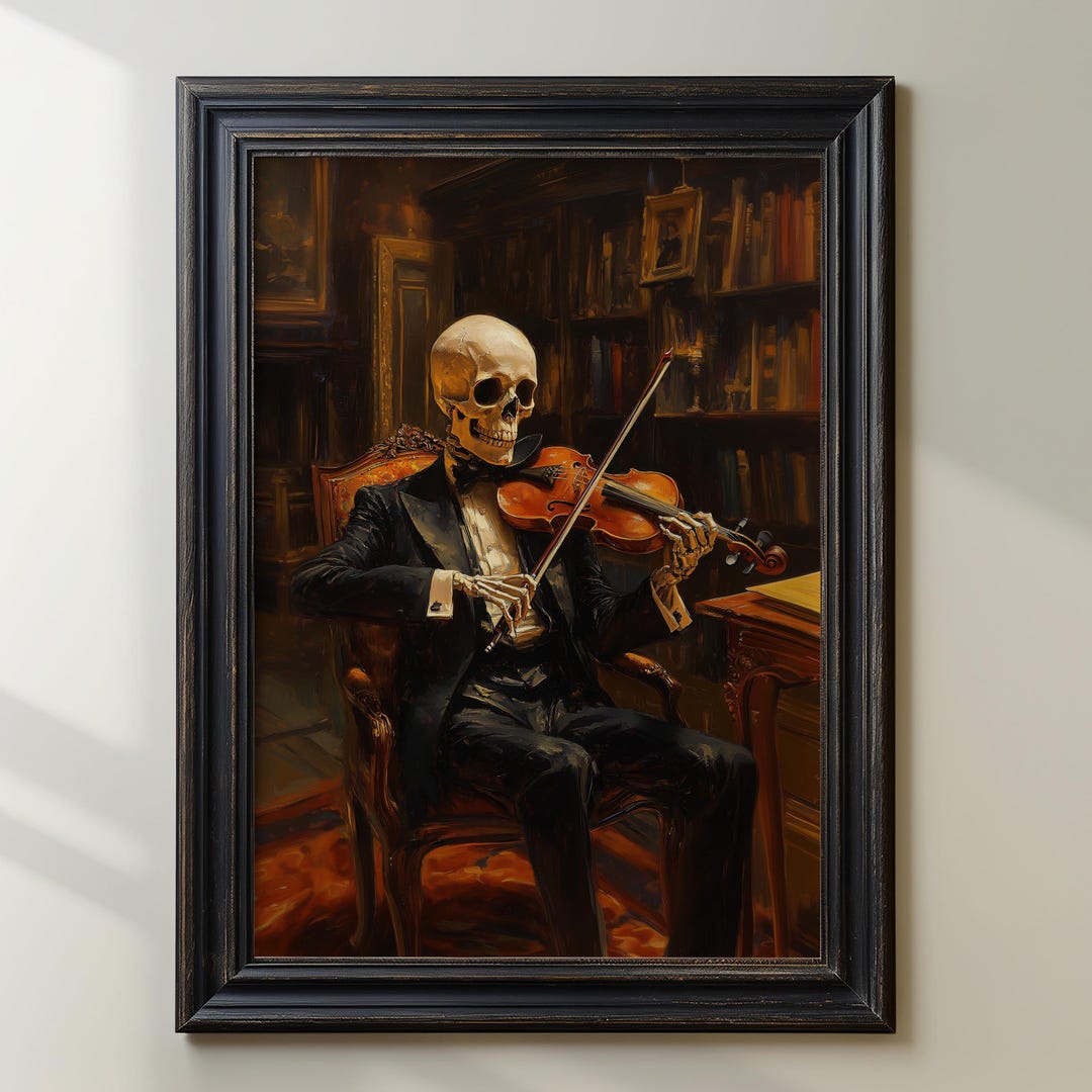 Skeleton Playing Violin Painting, Gothic Dark Academia Art, Vintage ...