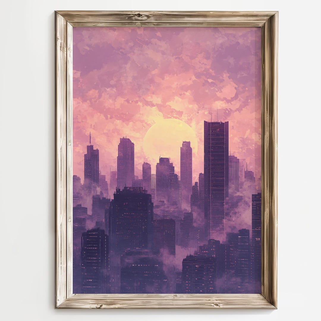 Modern Cityscape Art Print, Urban Skyline Wall Decor, Sunset City ...