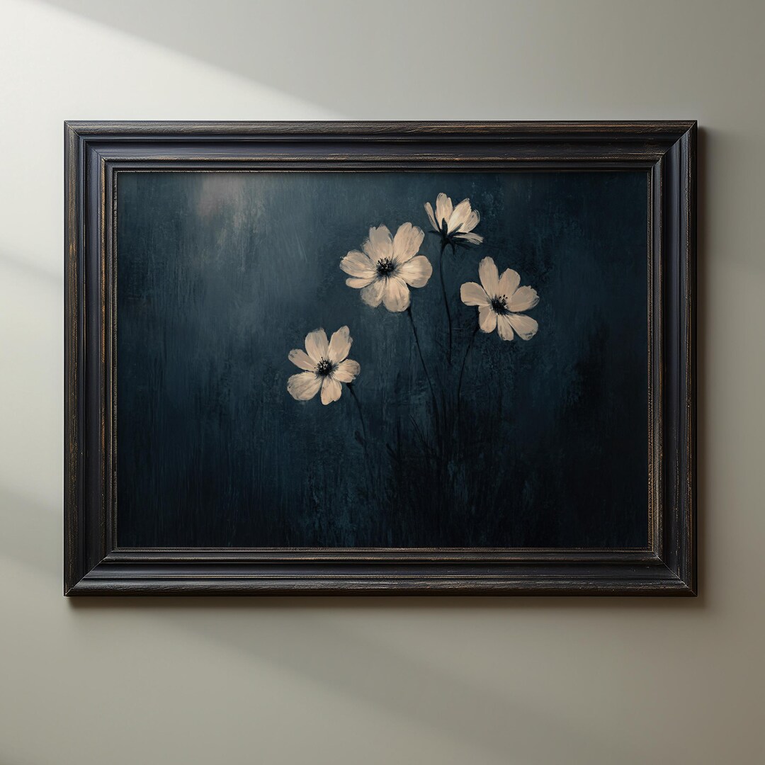 Dark Floral Painting, Moody Floral Decor, Minimalist Flower Art, White ...