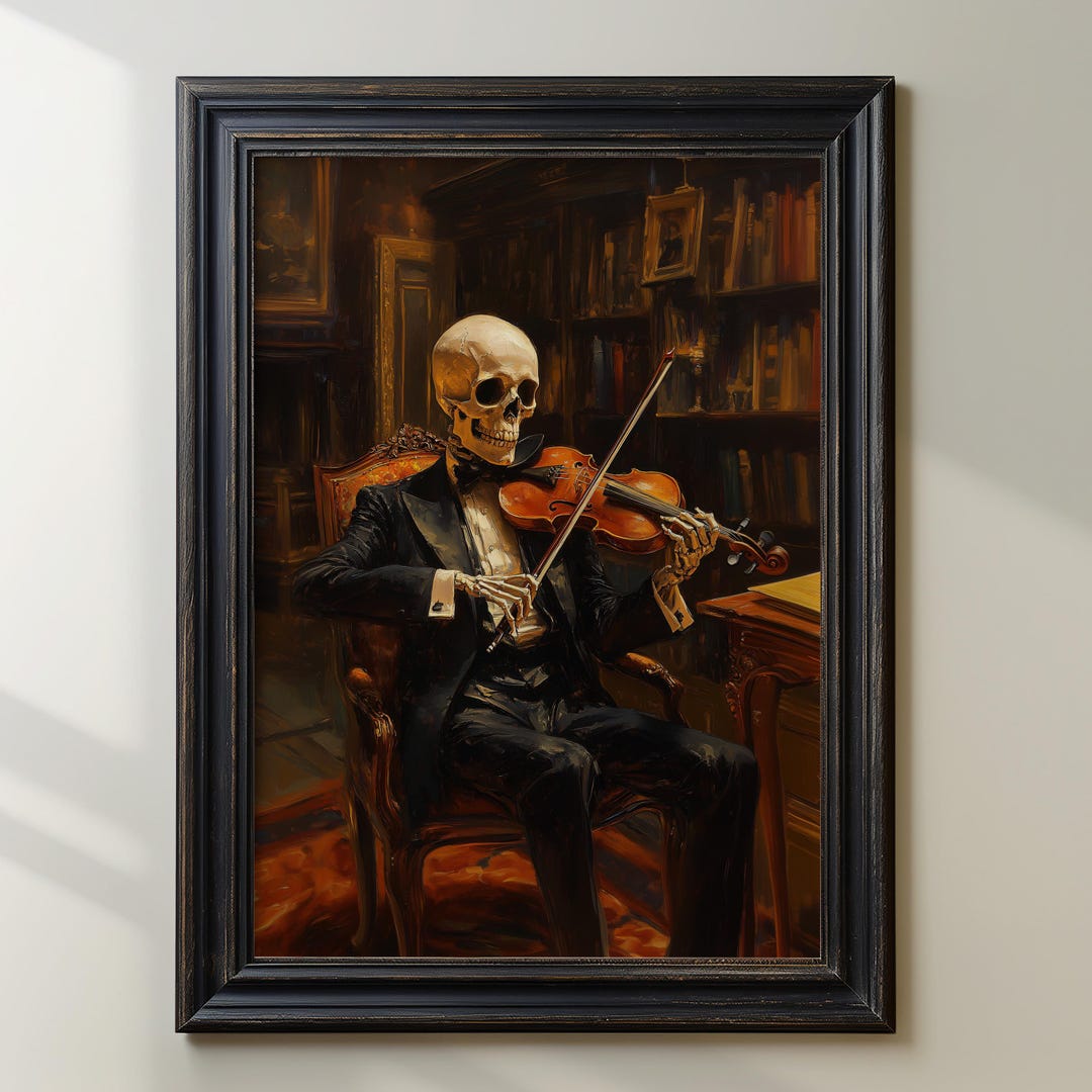 Skeleton Playing Violin, Gothic Art, Vintage Library Decor, Spooky ...