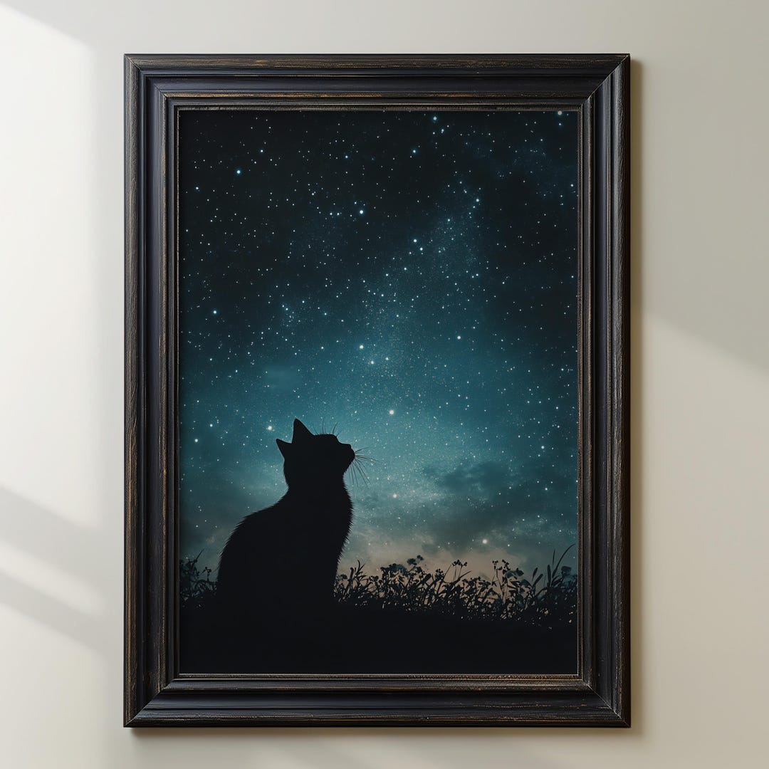 Starry Night Cat Art Print, Celestial Cat Wall Art, Cat Silhouette ...