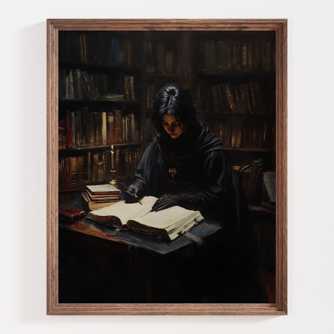 Dark Academia Art Print, Gothic Library Artwork, Scholar at Study ...