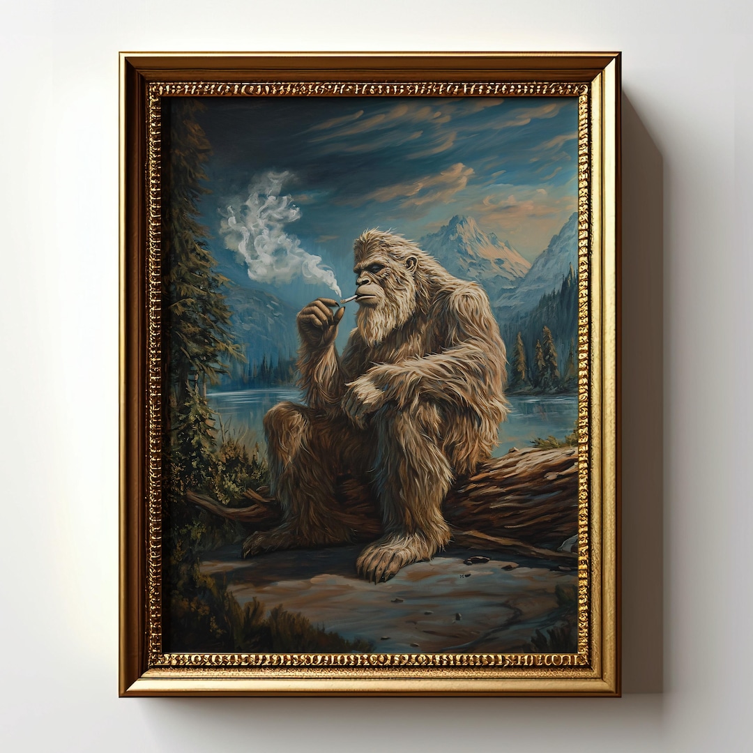 Bigfoot Smoking Cigarette Wall Art, Sasquatch Wilderness Painting ...