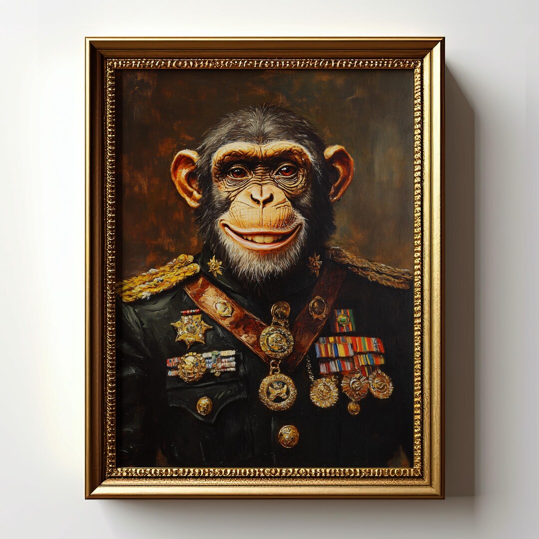 Military Chimpanzee Portrait Print, Funny Monkey Art, Smiling ...