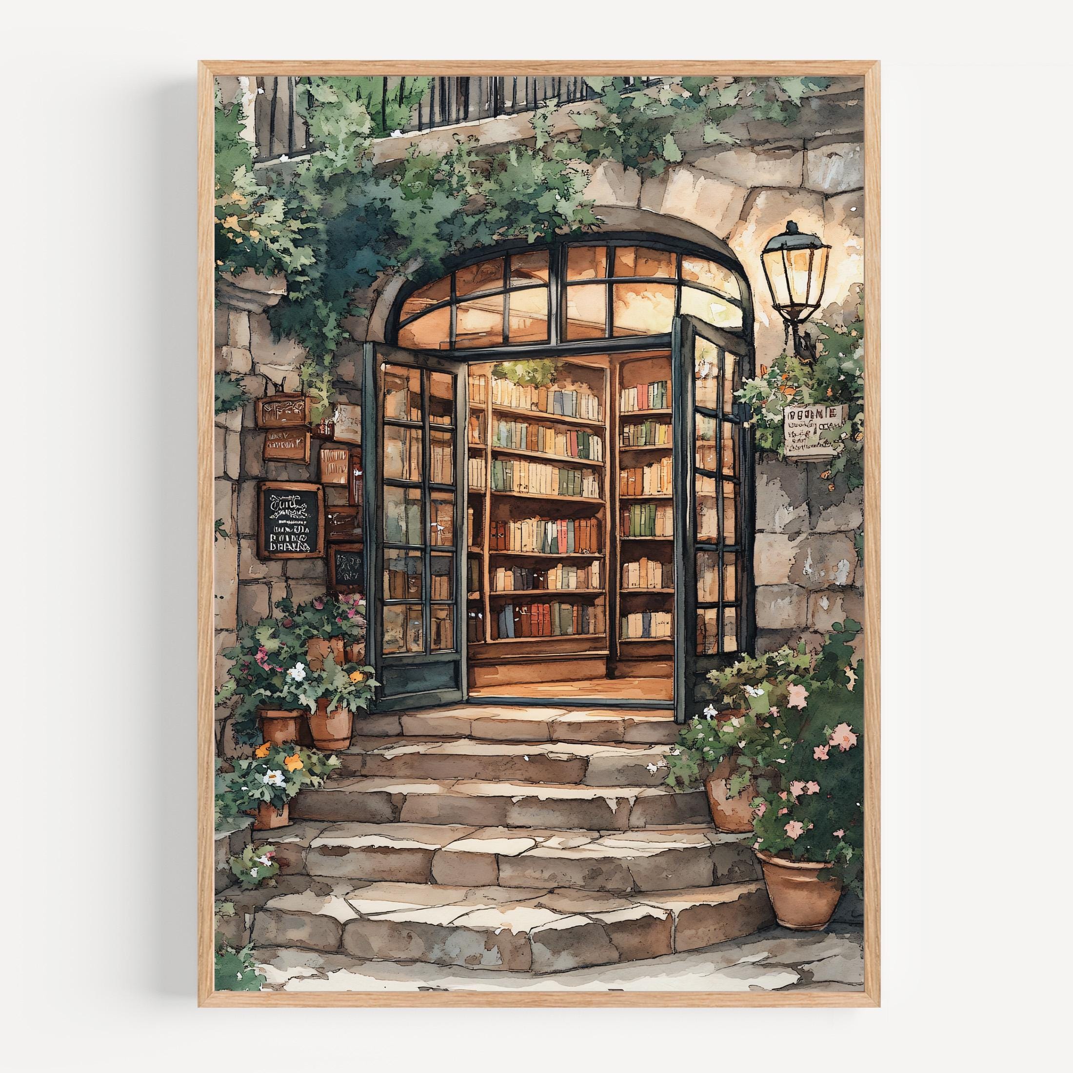 Charming Bookstore Artwork, Watercolor Bookstore Art, Cozy Bookshop Art ...