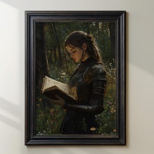 Female Medieval Knight Reading Book Art Print, Book Lover Wall Decor ...