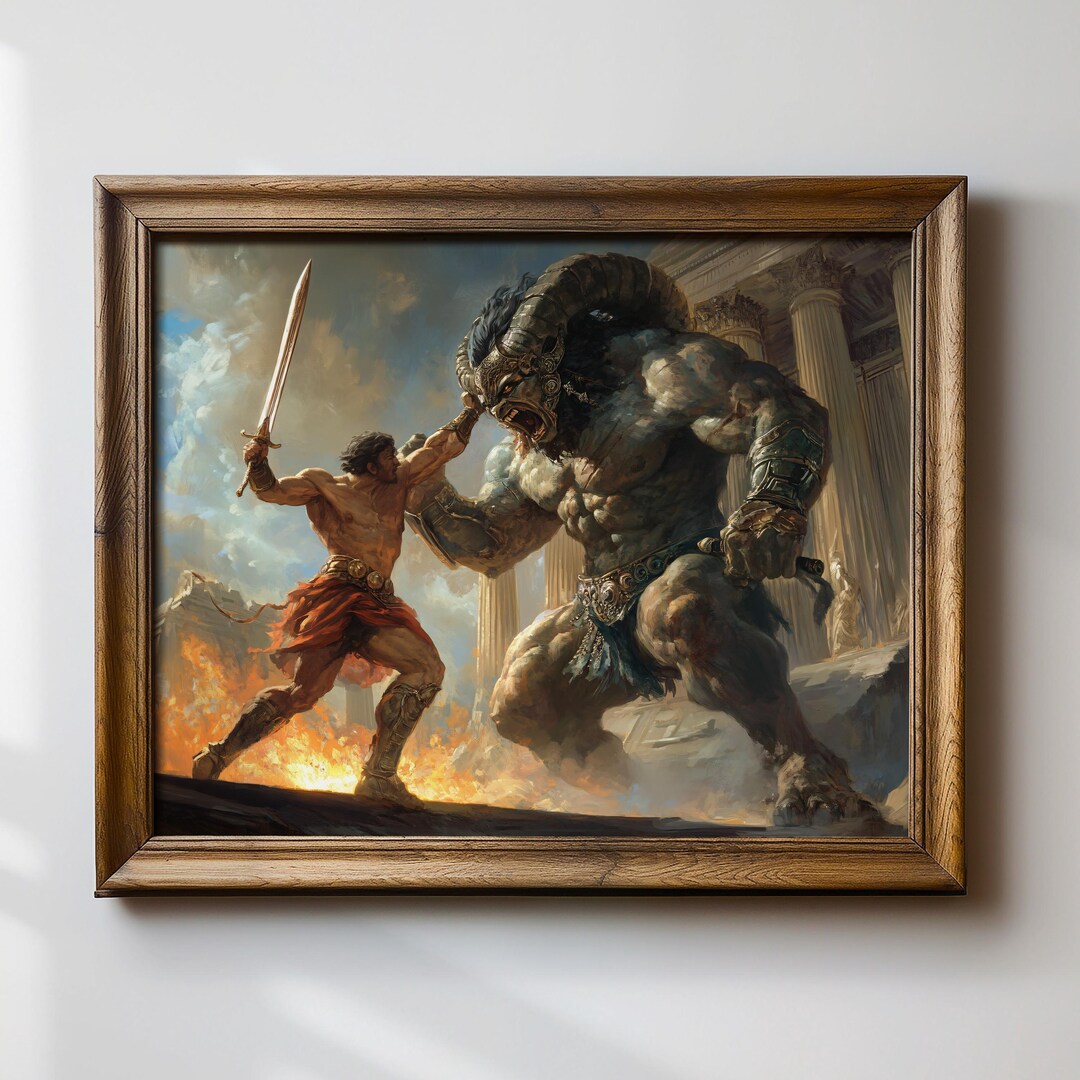 Hercules Vs Minotaur Art Print, Greek Mythology Wall Decor, Epic ...