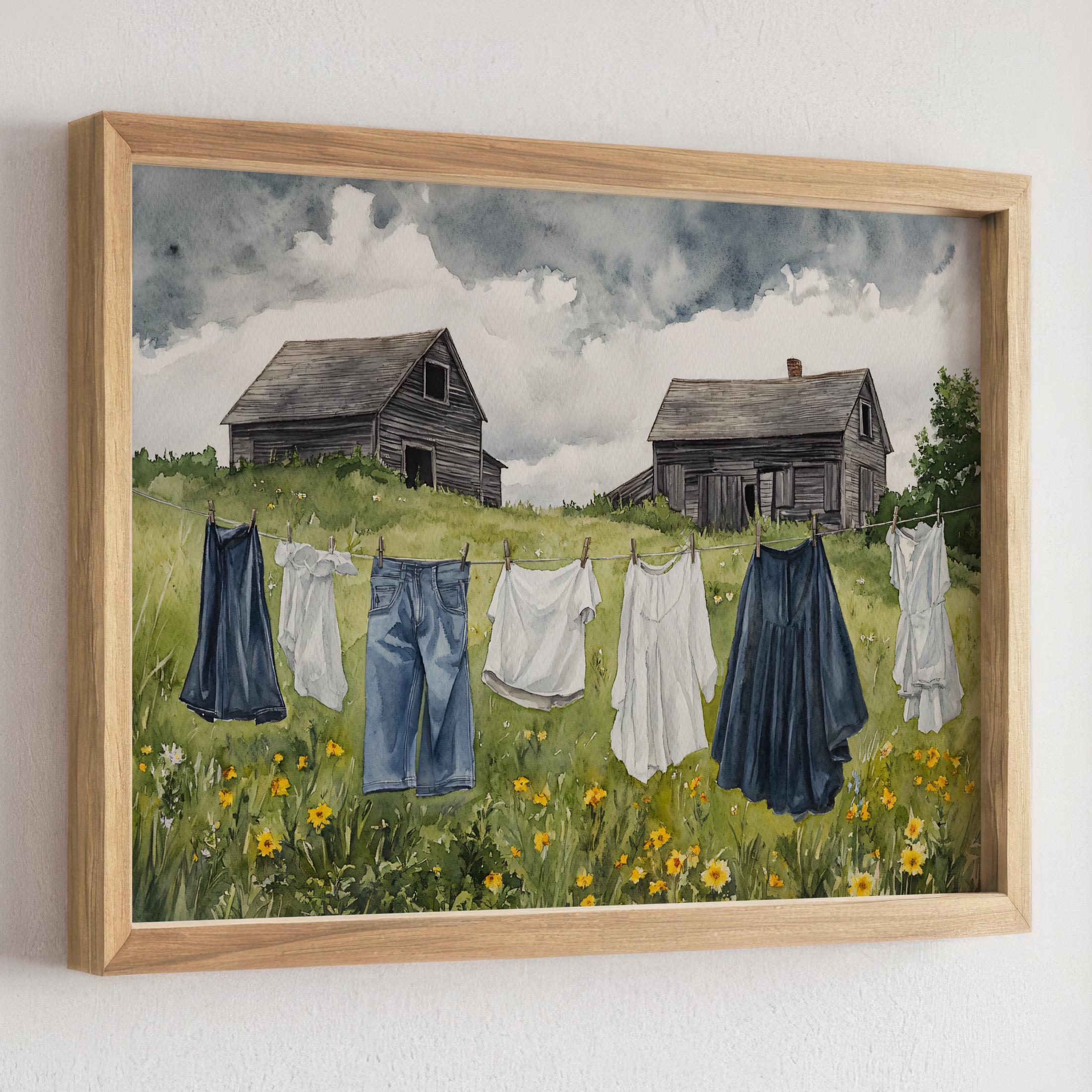 Rustic Farmhouse Watercolor Print, Countryside Clothesline Art ...
