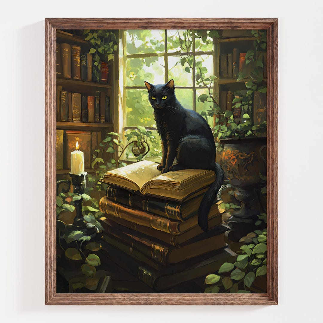 Mystical Black Cat Art Print, Enchanted Library Decor, Witchy Aesthetic ...