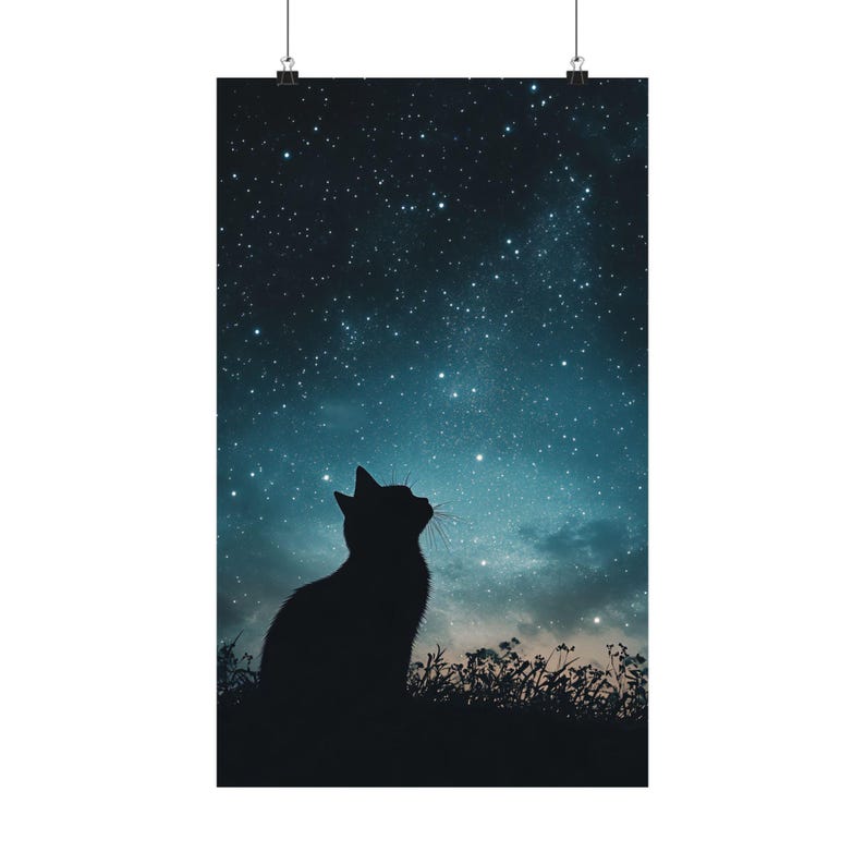 Starry Night Cat Art Print, Celestial Cat Wall Art, Cat Silhouette ...