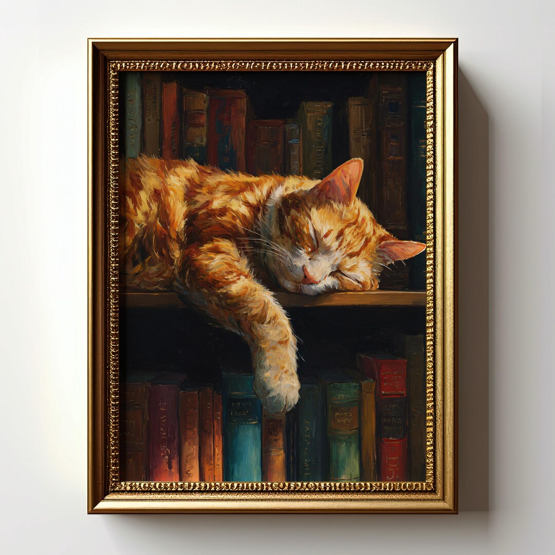 Sleeping Ginger Cat Art Print, Cozy Library Painting, Orange Tabby Wall ...