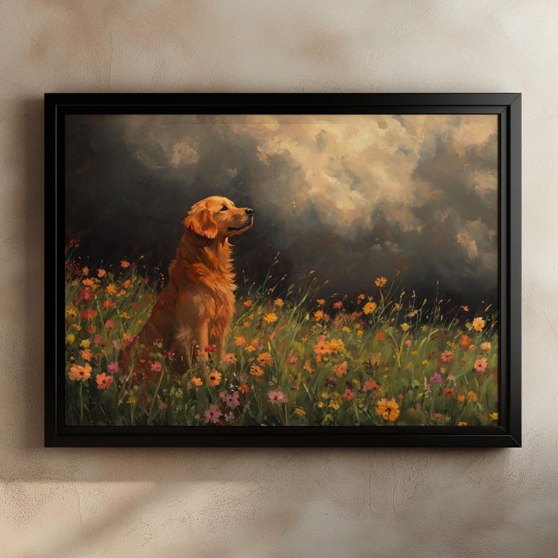 Golden Retriever Art Print, Dog in Wildflower Field Painting, Rustic ...