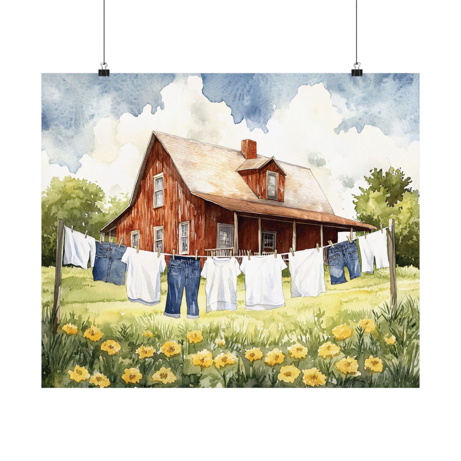 Watercolor Farmhouse, Laundry Line Print, Clothes Line Art, Cottagecore ...
