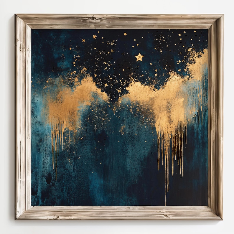 Celestial Wall Art, Abstract Starry Night Painting, Moon and Stars ...