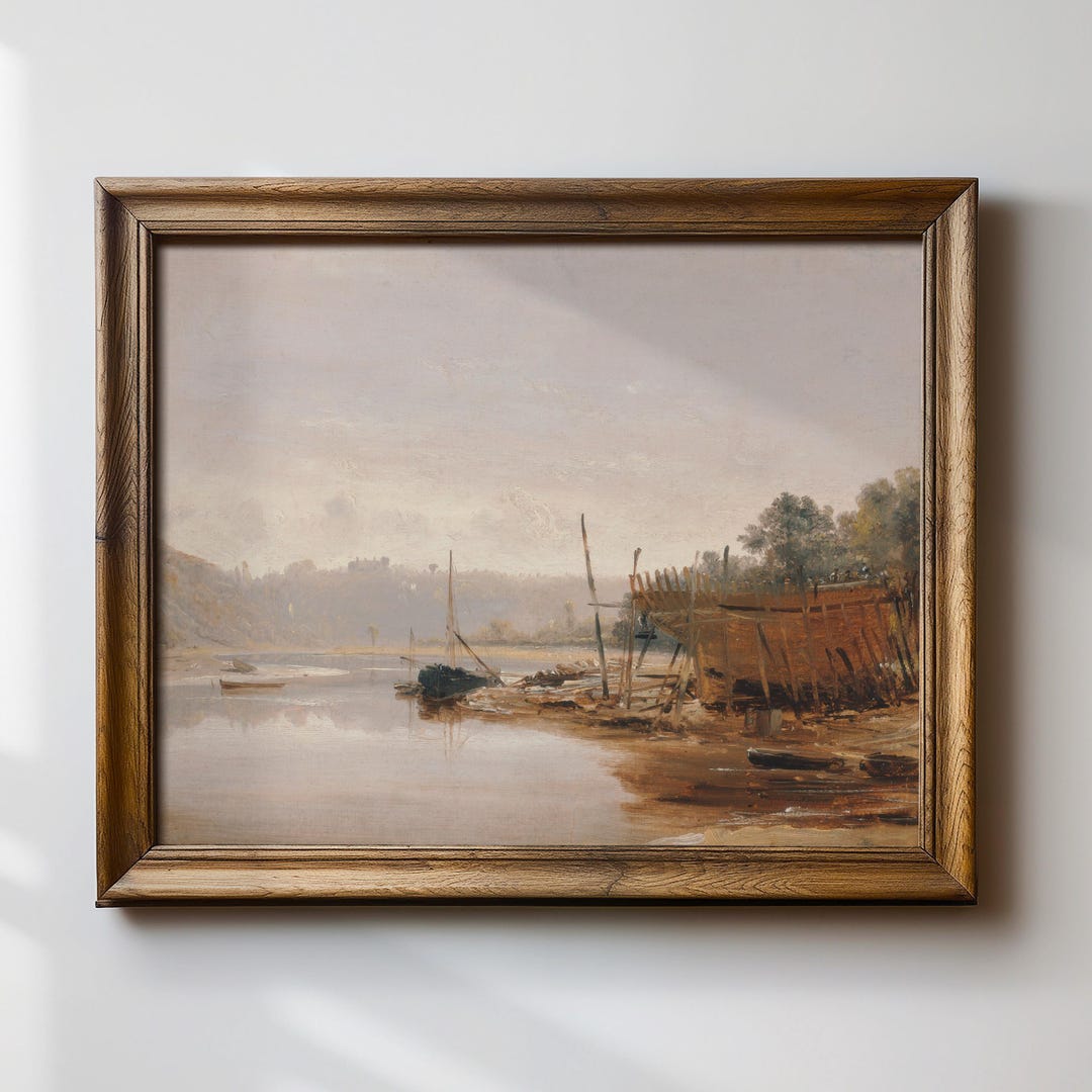 Vintage Harbor Scene Print, Rustic Boatyard Painting, Maritime ...