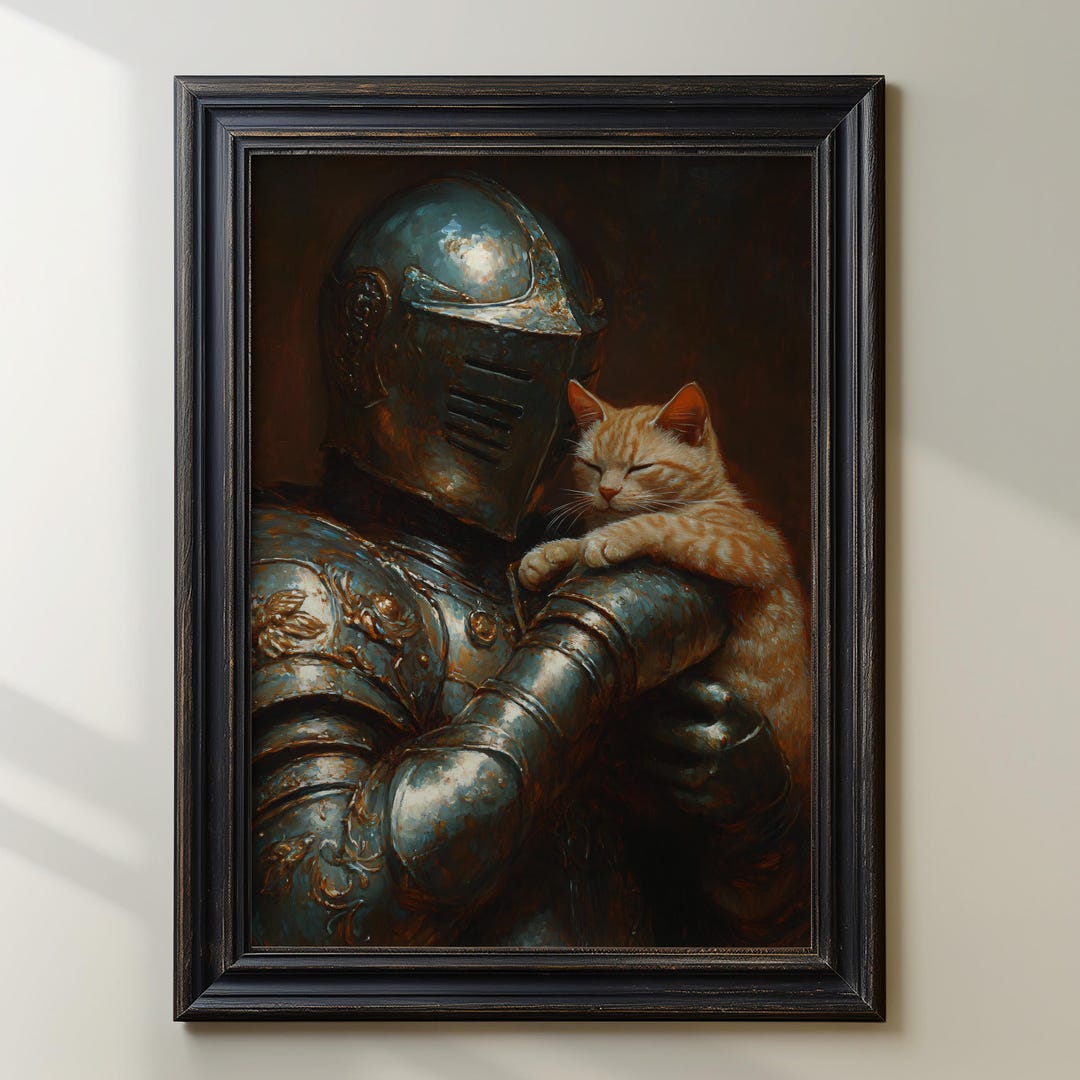 Medieval Armor and Cat Portrait, Knight With Cat Art Print, Fantasy ...
