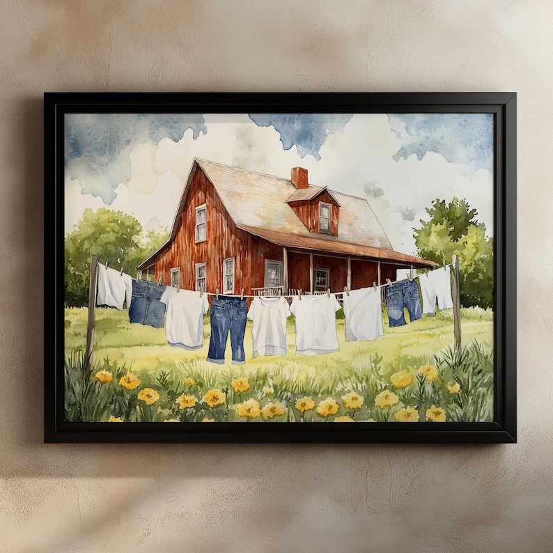 Watercolor Farmhouse, Laundry Line Print, Clothes Line Art, Cottagecore ...