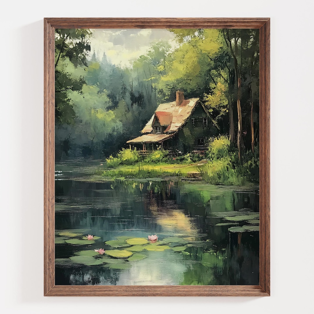 Rustic Cottage Art, Nature Landscape Print, Water Lily Pond Artwork ...
