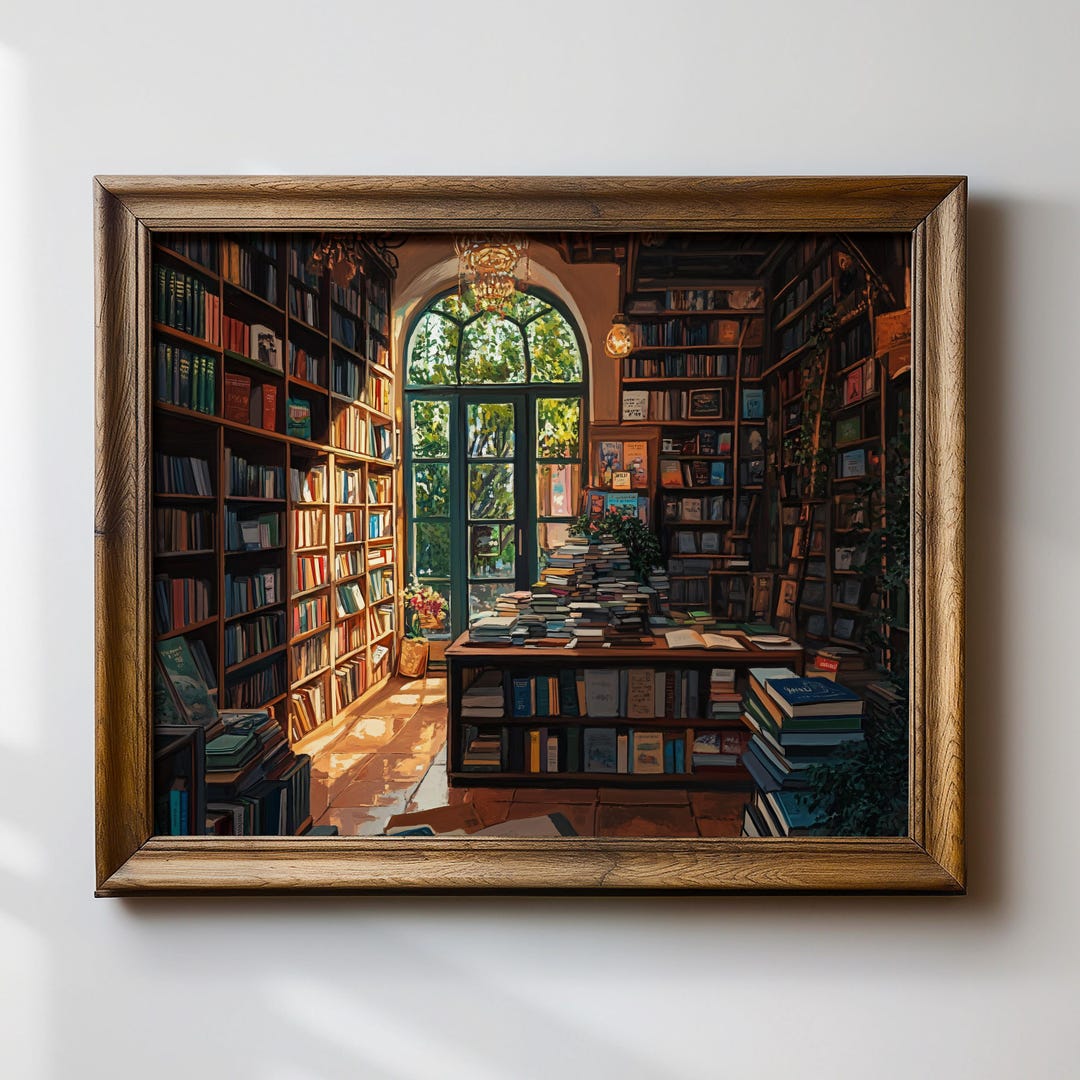 Cozy Bookstore Art Print, Vintage Library Decor, Sunlit Reading Room ...
