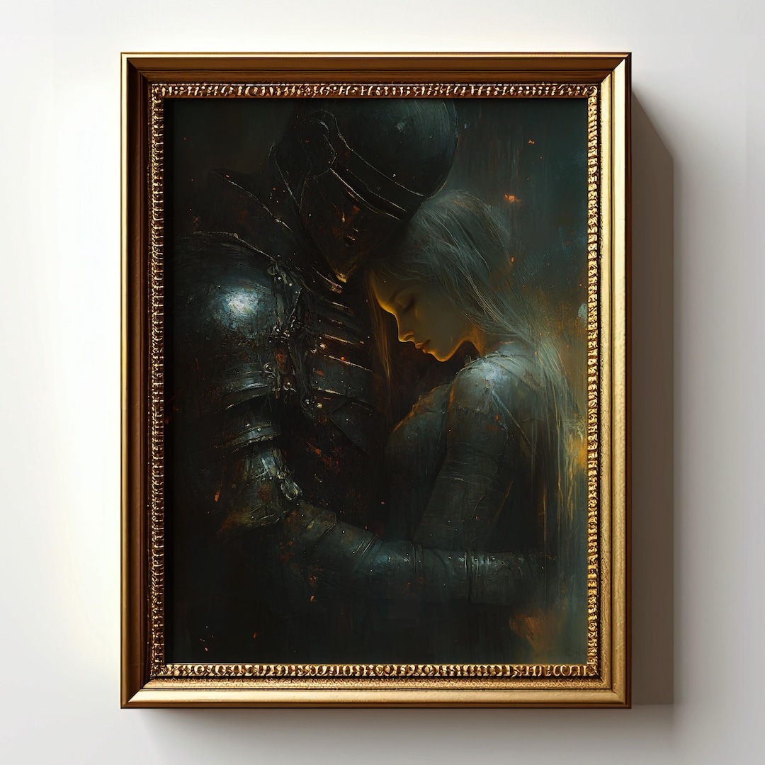 Dark Fantasy Art Print, Knight and Maiden, Romantic Warrior Embrace ...
