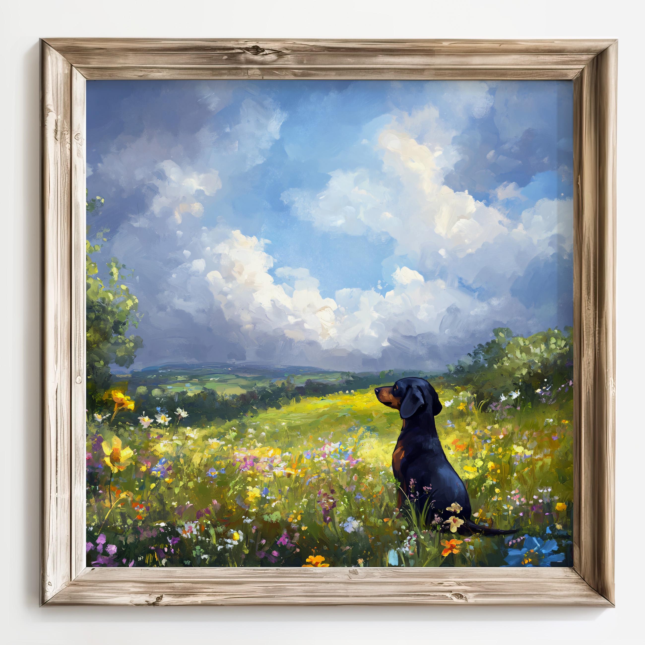 Dachshund in Wildflower Meadow Art Print, Dog Landscape Wall Art ...