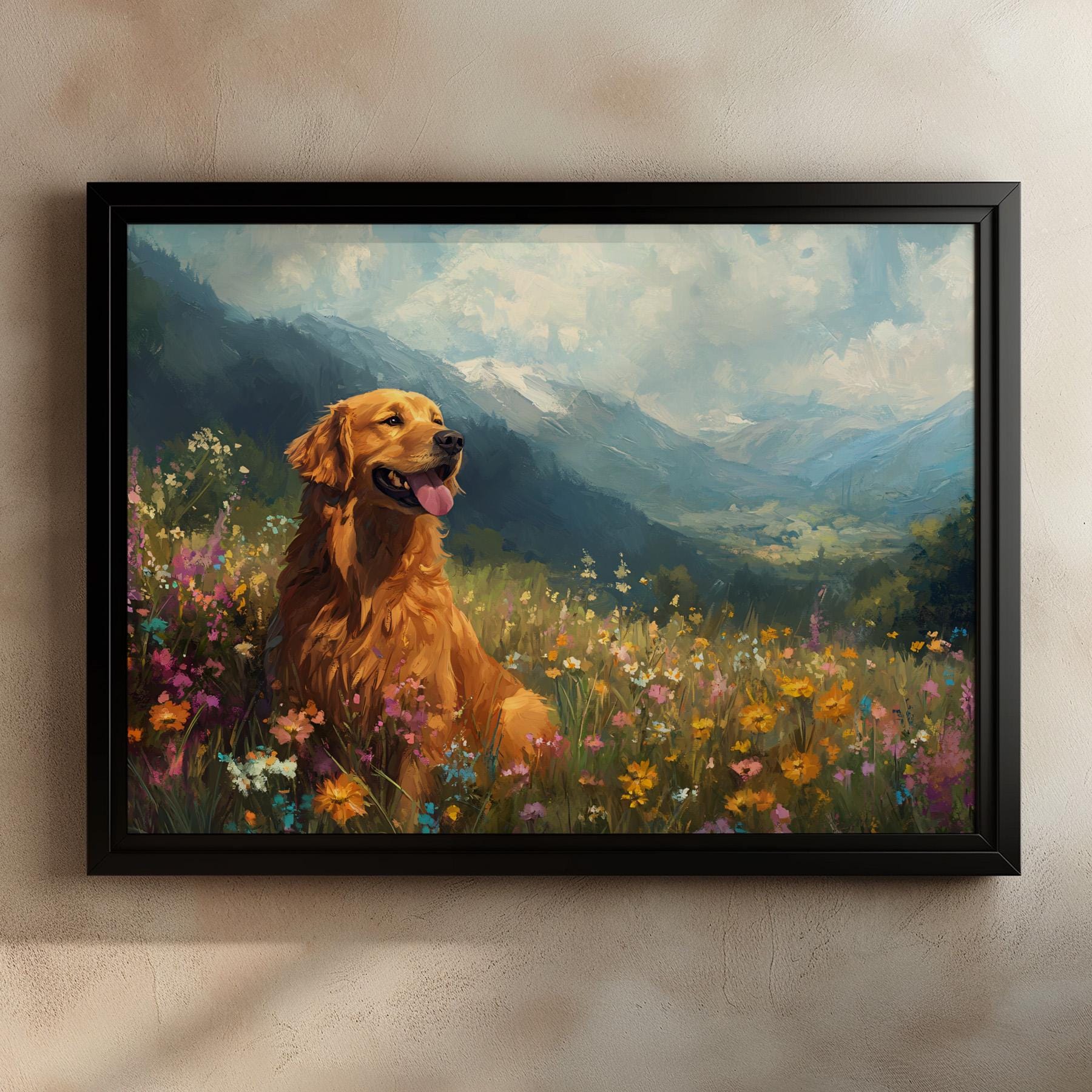 Golden Retriever Art Print Dog Portrait In Wildflowers Nature Wall