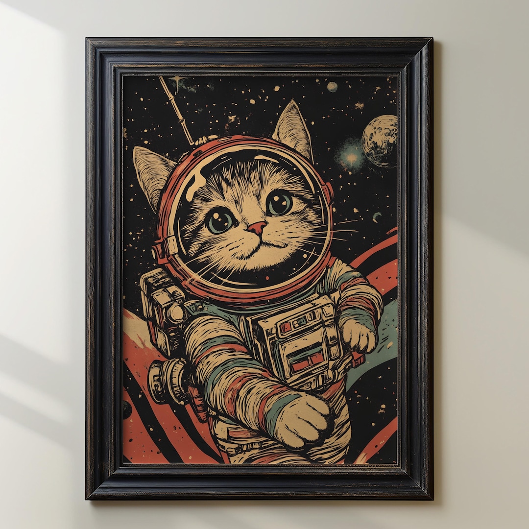 Retro Space Cat Art Print, Astronaut Kitty Poster, Vintage Sci-fi Cat ...