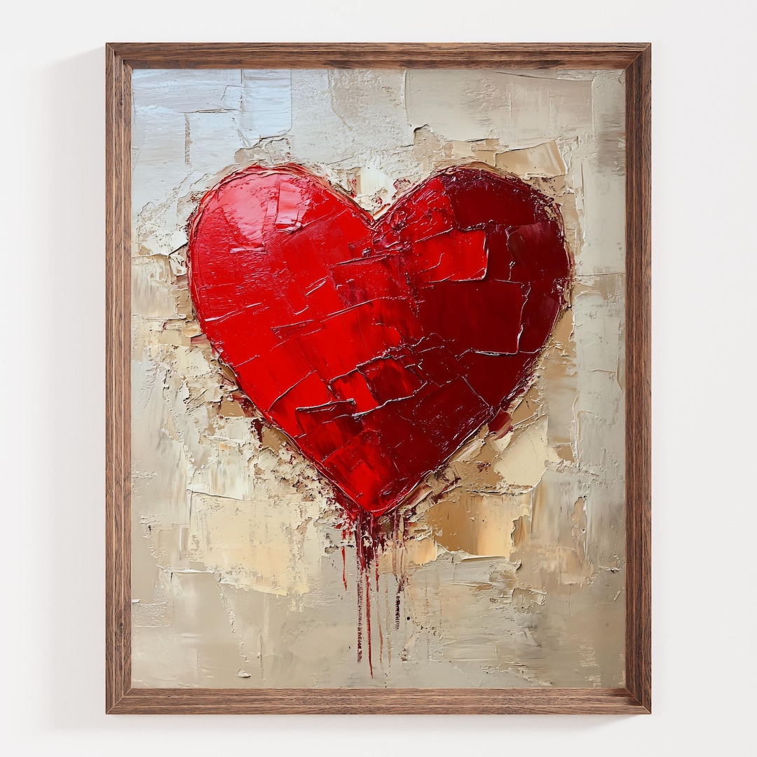 Textured Red Heart Art Print, Abstract Love Painting, Romantic Wall ...