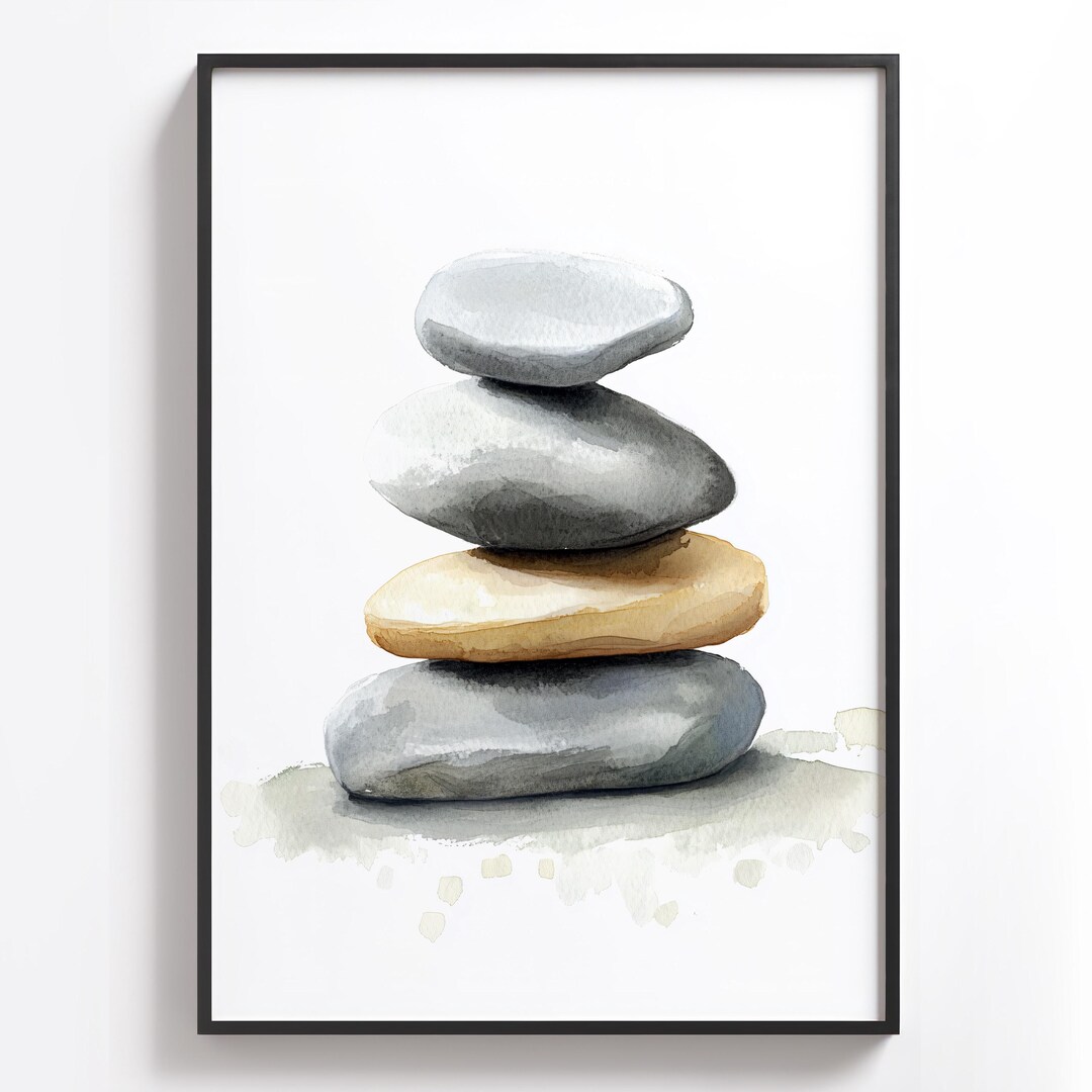 Zen Stone Art Print, Stack of Pebbles Watercolor Painting, Minimalist ...