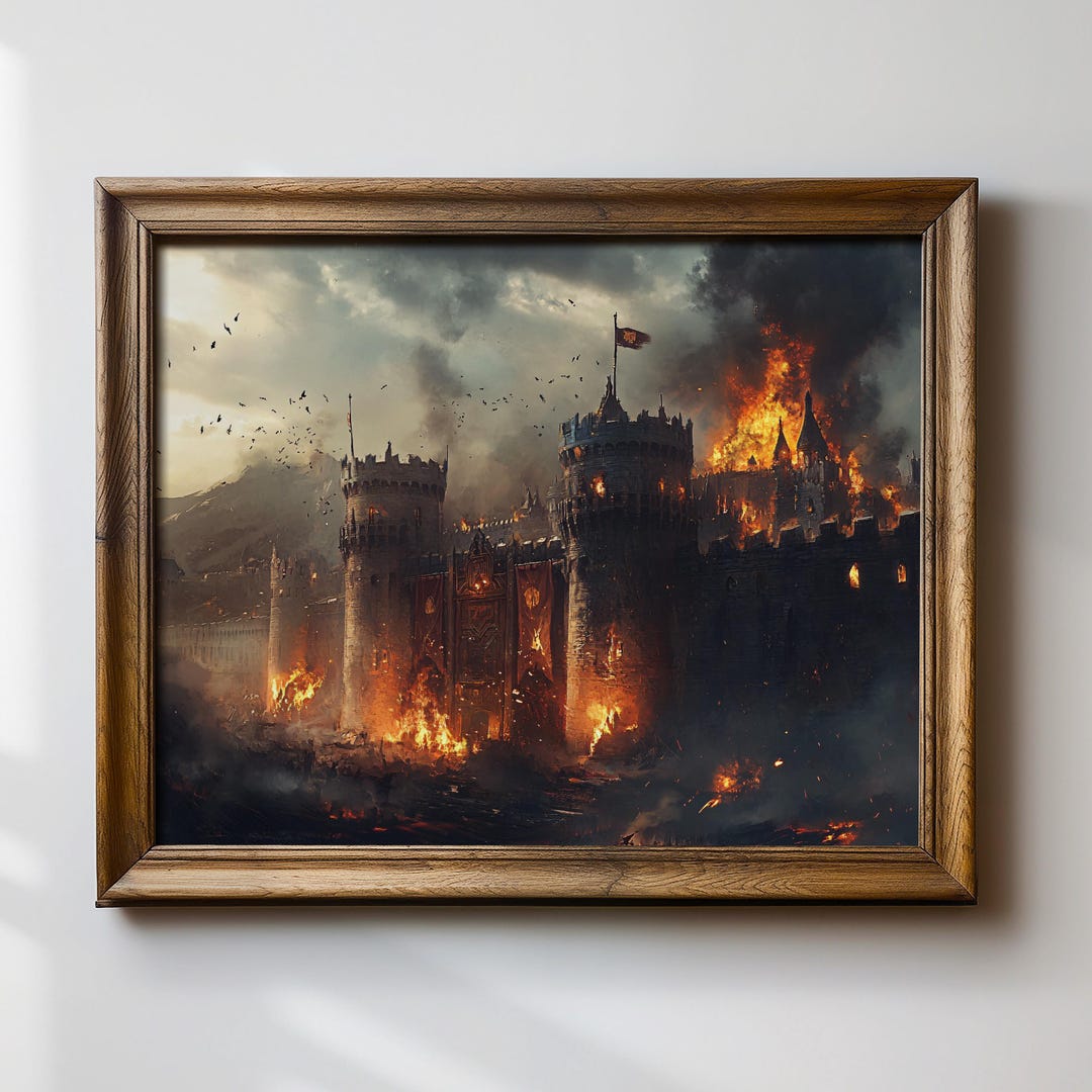 Epic Medieval Castle Under Siege, Dramatic Fantasy Art Print, Burning ...