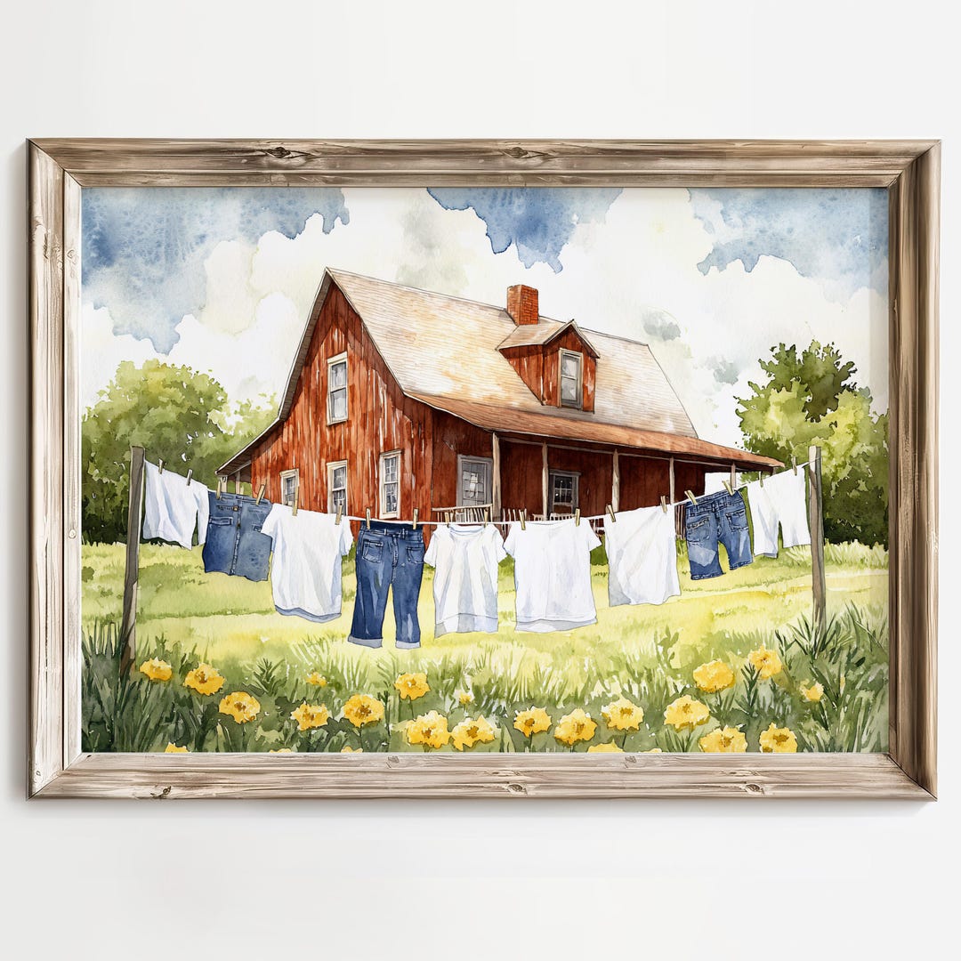 Watercolor Farmhouse, Laundry Line Print, Clothes Line Art, Cottagecore ...