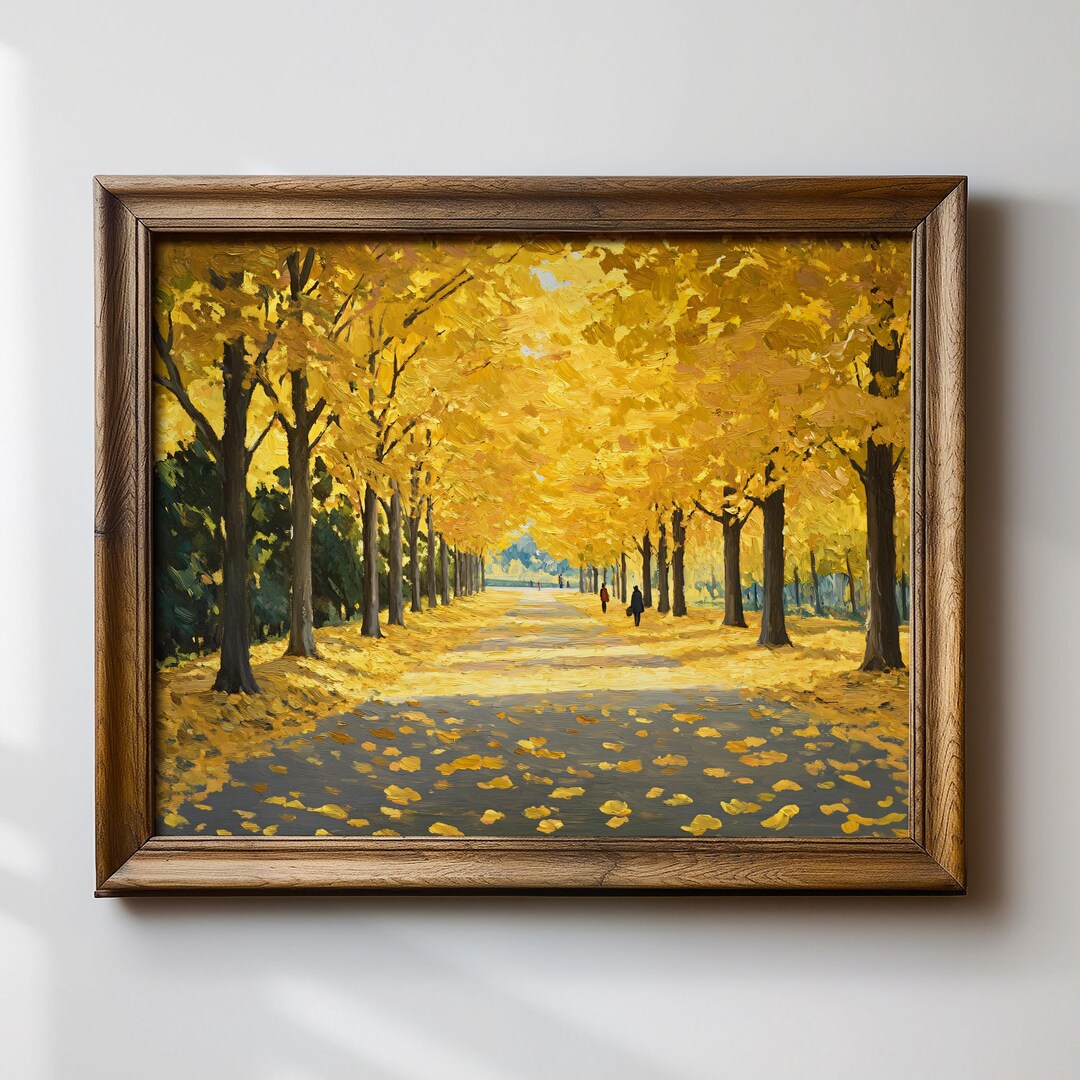 Golden Autumn Path Art Print, Yellow Foliage Artwork, Nature-inspired ...