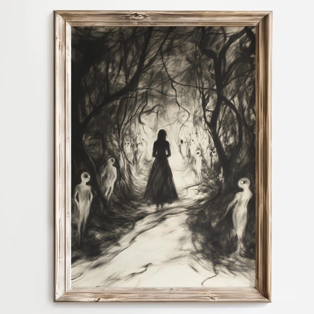 Ghostly Forest Drawing, Dark Surreal Art Print, Gothic Girl Surrounded ...