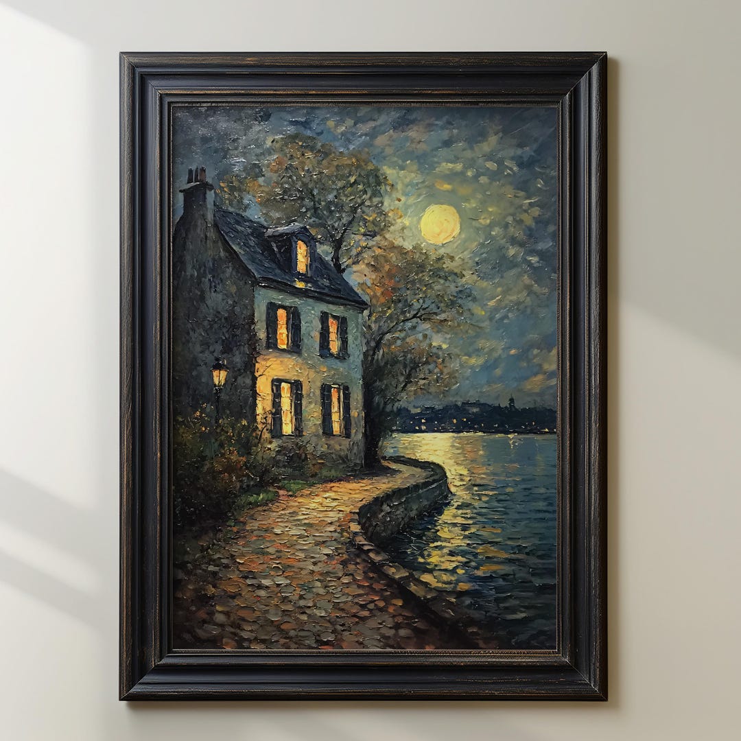 Romantic Moonlit Cottage, Impressionist Nightscape, River Reflections ...