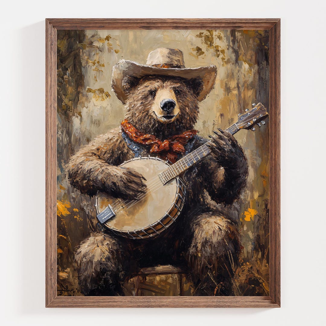 Cowboy Bear Playing Banjo Print, Rustic Animal Art, Western Country ...