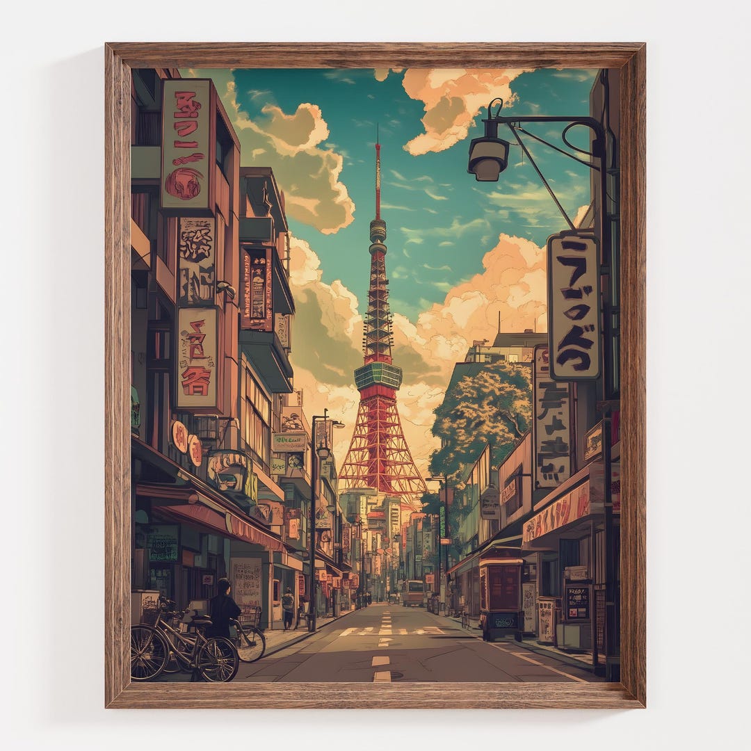 Tokyo Tower Art Print, Vintage Japan Street Scene, Anime Aesthetic Wall ...