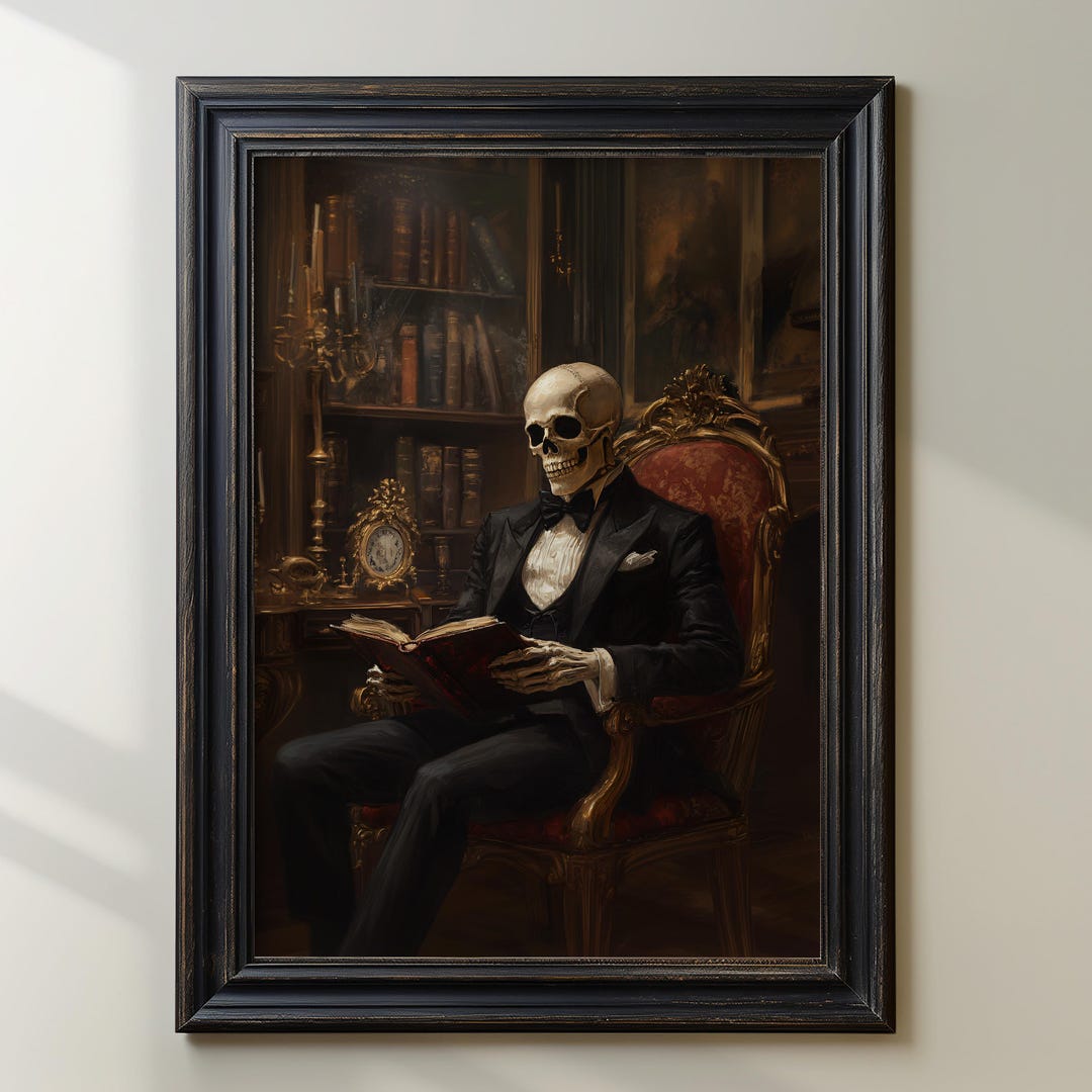 Skeleton Art Print, Gothic Wall Art, Dark Academia Decor, Skull Reading ...