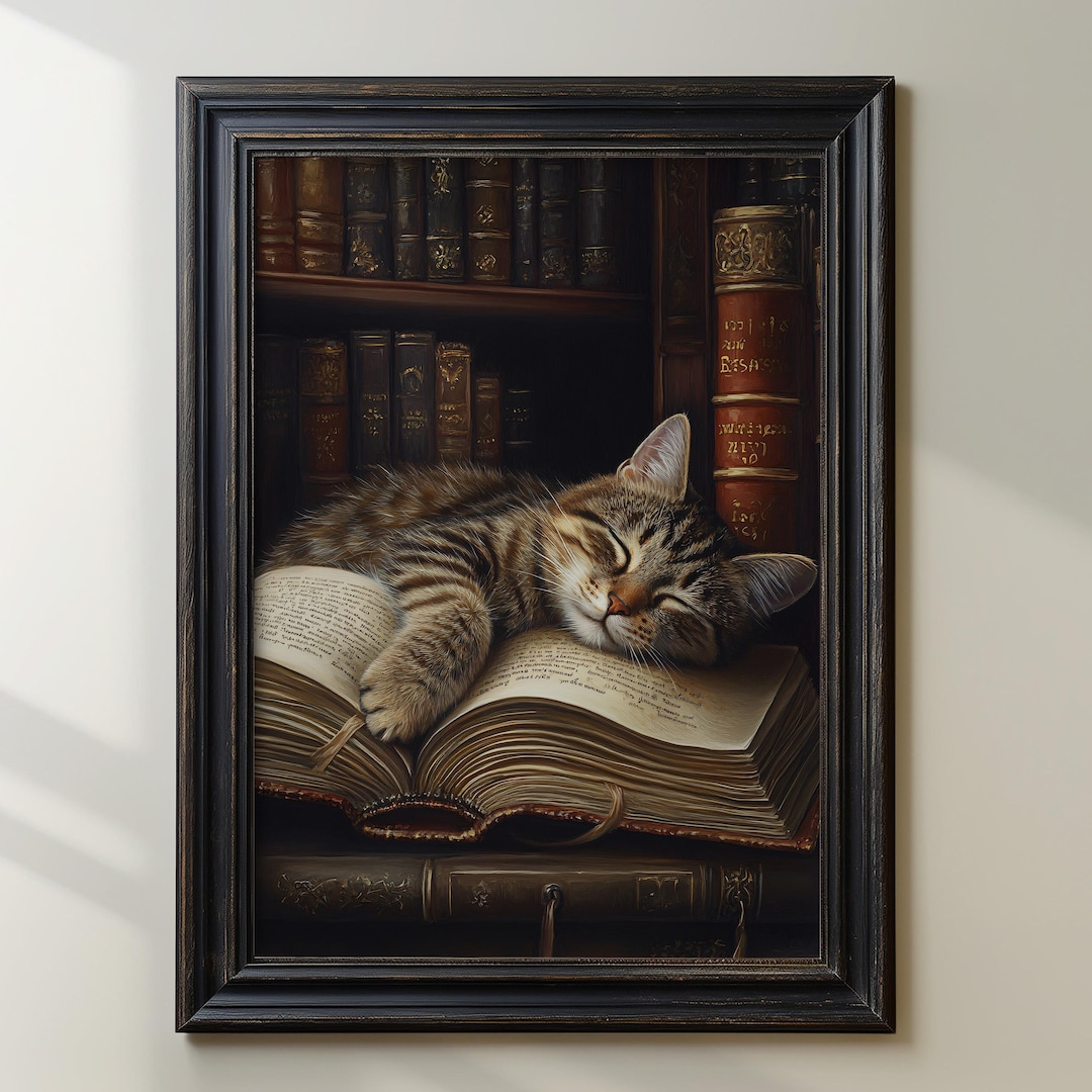 Sleeping Cat Art Print, Vintage Library Decor, Cozy Reading Nook Art ...