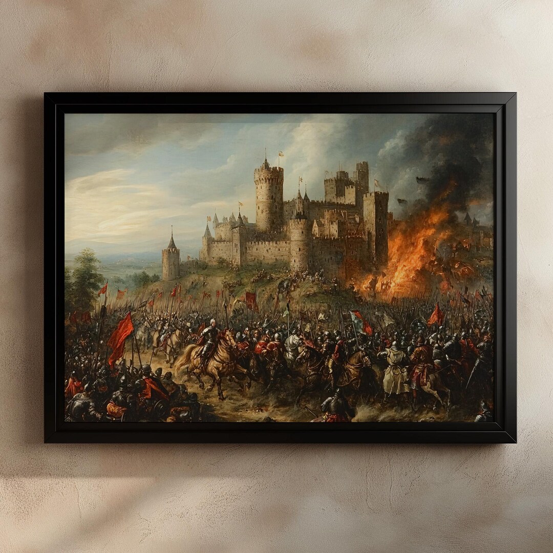 Medieval Battle Print, Castle Siege Art, Knights in Battle, Historical ...