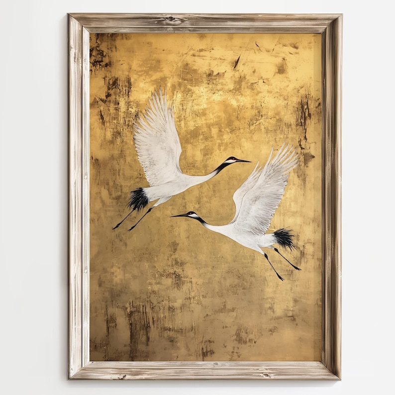 Japanese Crane Wall Art, Gold Leaf Artwork, White Crane Print, Minimalist Gold Art, Ornamental ...