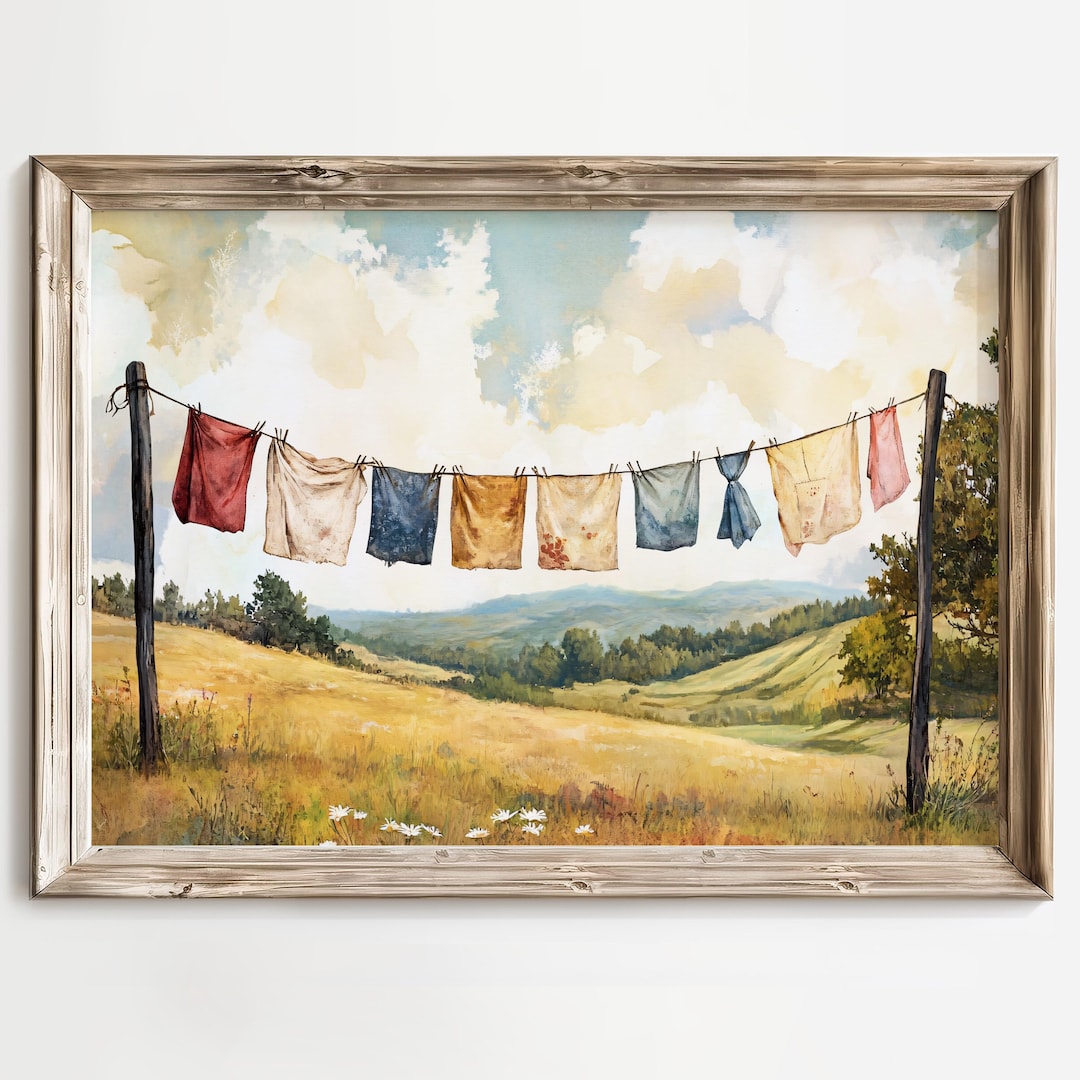 Rustic Laundry Art Print, Country Landscape Wall Decor, Clothesline ...