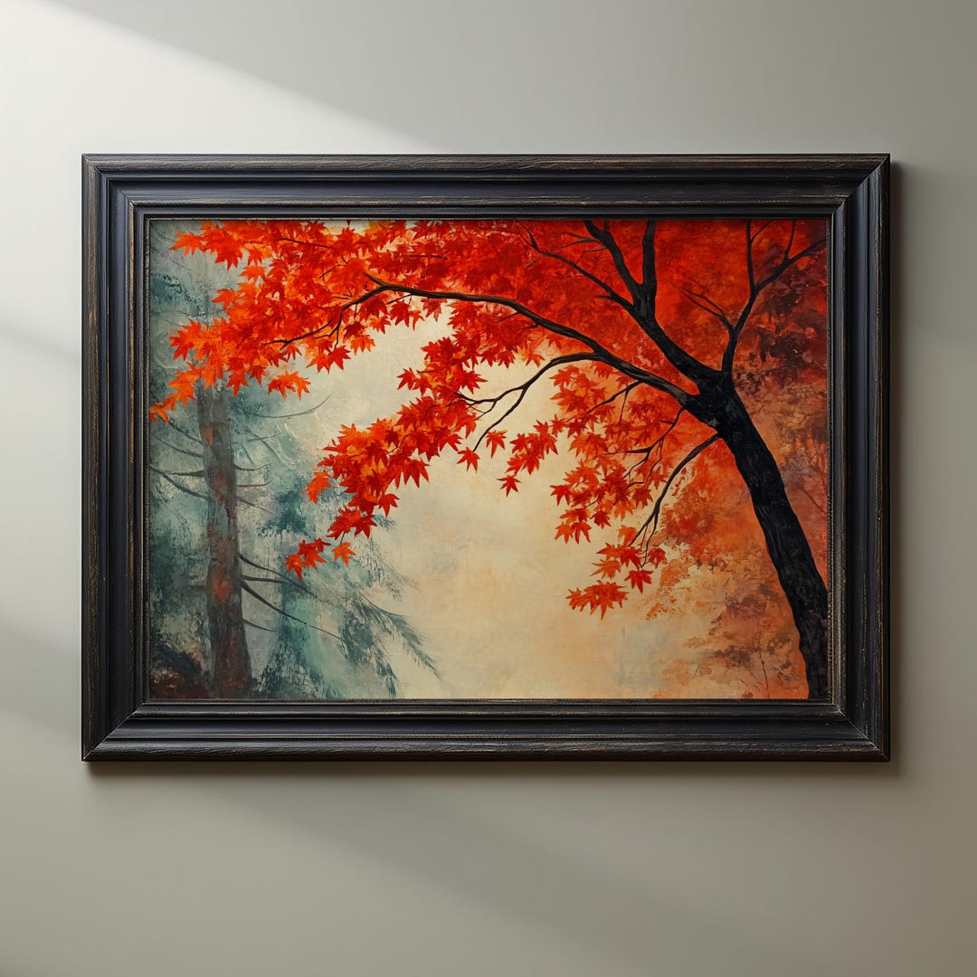 Autumn Tree Art Print, Red Maple Wall Decor, Fall Nature Landscape ...