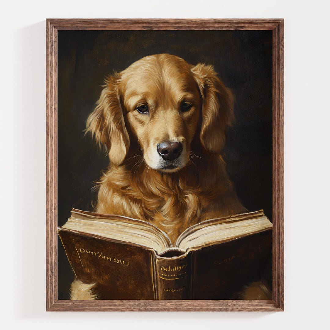 Golden Retriever Reading Art Print, Dog Book Lover Decor, Cozy Library ...