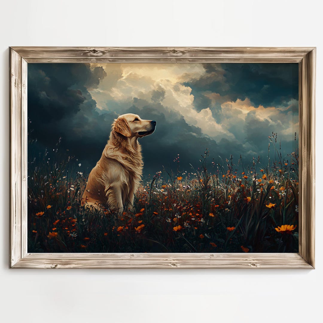 Golden Retriever Wall Art, Dog Portrait Print, Floral Field Artwork ...