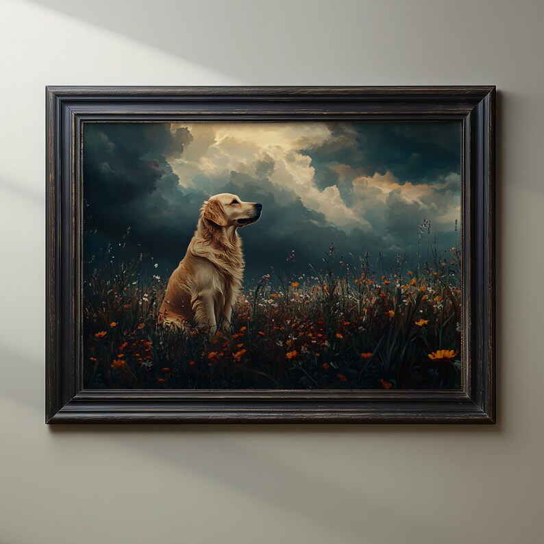 Golden Retriever Wall Art, Dog Portrait Print, Floral Field Artwork ...